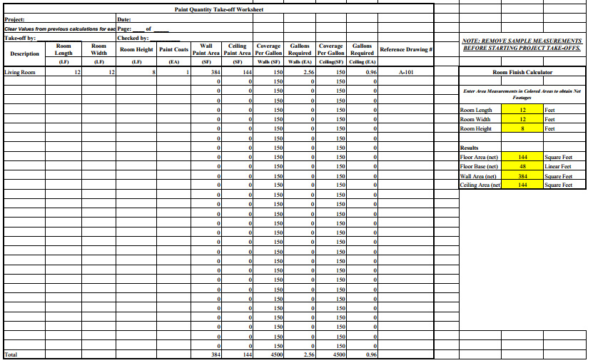 Construction Take off Sheets Paint Quantity Takeoff Sheet